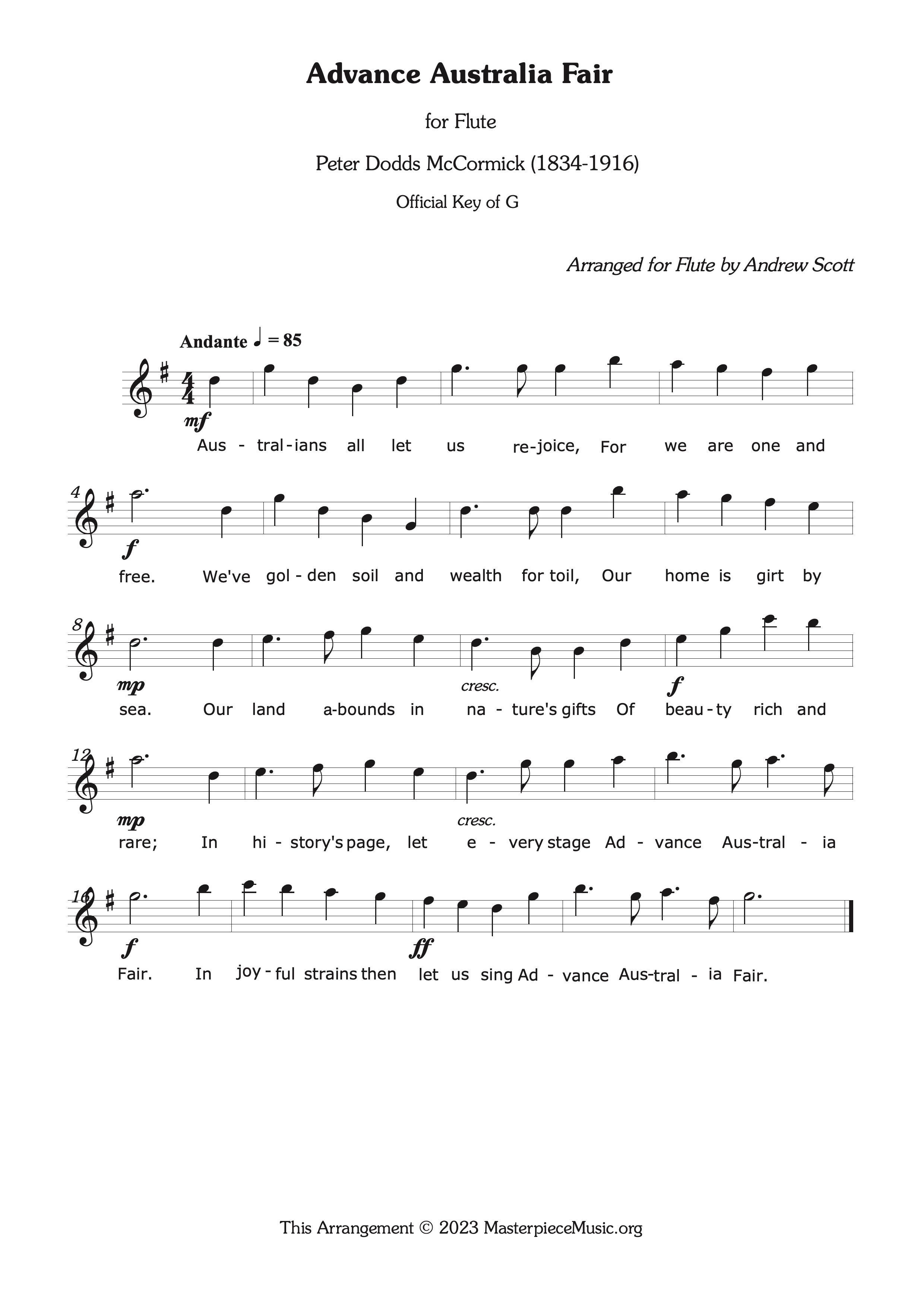 Advance Australia Fair – Free Sheet Music for the Flute ...